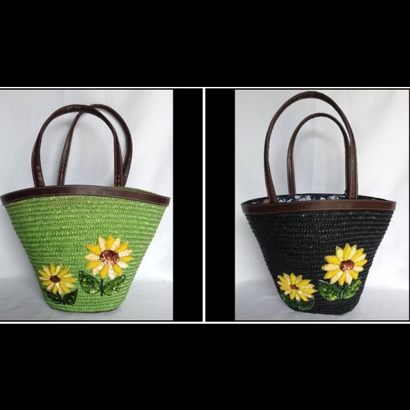 Ermo Handbags | Bags | Nwt Large Woven Straw Bag Flowers Green Black ...